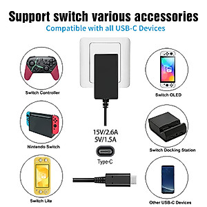 Switch Charger for Nintendo Switch, Switch AC Adapter Power Cord, Charger Cable 15V/2.6A,5V 1.5A Compatible with Nintendo Switch/Switch OLED/Switch Lite Supports TV Mode and Docking Station (Black)
