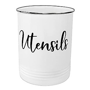 Home Acre Designs Kitchen Utensil Holder Utensil Crocks Countertop Organizer Vintage Farmhouse Kitchen Decor Caddy for Utensils, Utensil Holder Stainless Steel Rim White