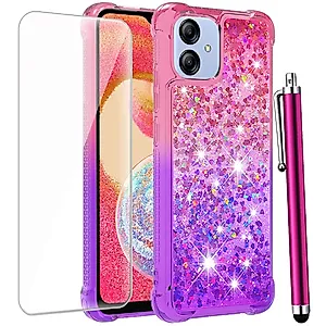 CAIYUNL for Samsung Galaxy A04E Case with Tempered Glass Screen Protector, Women Girls Glitter Bling Floating Liquid Sparkle Cute Soft TPU Phone Case Protective Cover for Samsung A04E Case-Purple/Pink