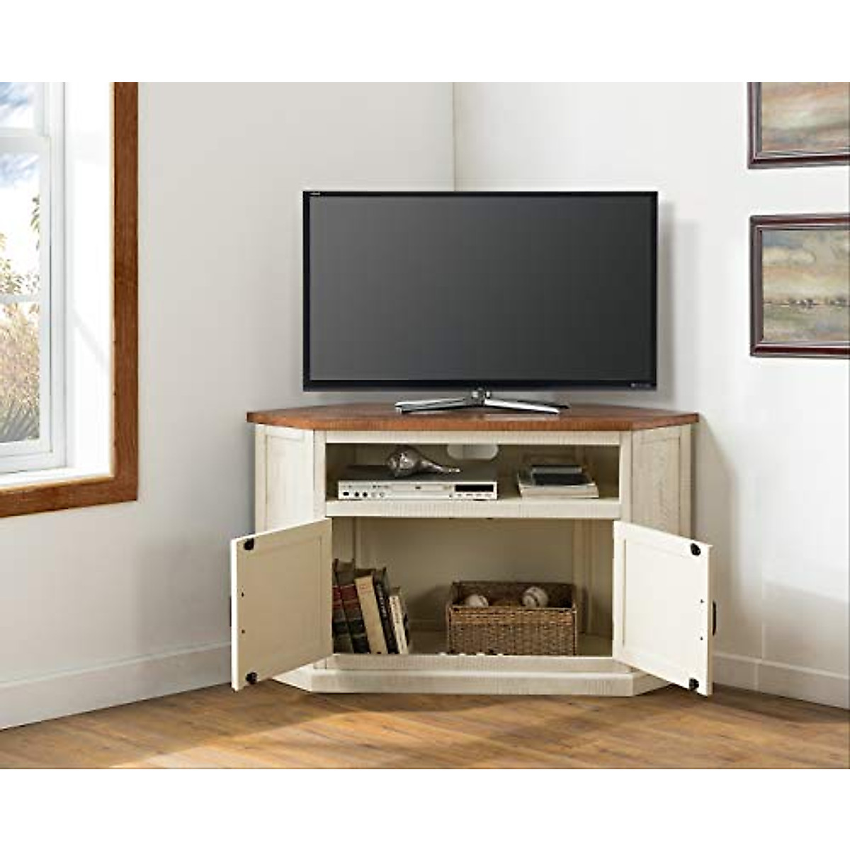 Martin Svensson Home Rustic Solid Wood Corner TV Stand, Antique White and Honey Tobacco