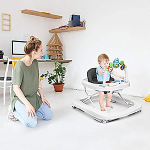 HONEY JOY Baby Walker, Foldable Push Learning Walker Toy-Seated & Walk-Behind with Wheels, Interactive Piano & Pedants, Adjustable Height & & Speed, Padded Seat, Baby Walkers for Boys Girls(Gray)