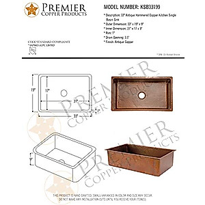 Premier Copper Products KSB33199 33-Inch Hammered Kitchen Single Basin Sink, Antique Copper