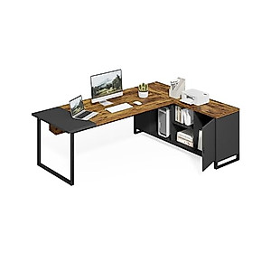 LITTLE TREE 70.8 Inches Executive Desk and 55 Inches File Cabinet Combo, Large L Shaped Computer Desk with Storage Cabinet and Shelves, Modern Business Furniture for Home Office, Rustic Brown & Black