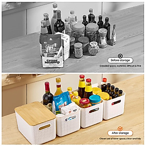 4 Packs Storage Bins with Bamboo Lids - Plastic Storage Containers with Lids Stackable Storage Box: Storage Baskets for Organizing Desktop Closet Playroom Classroom Office, White