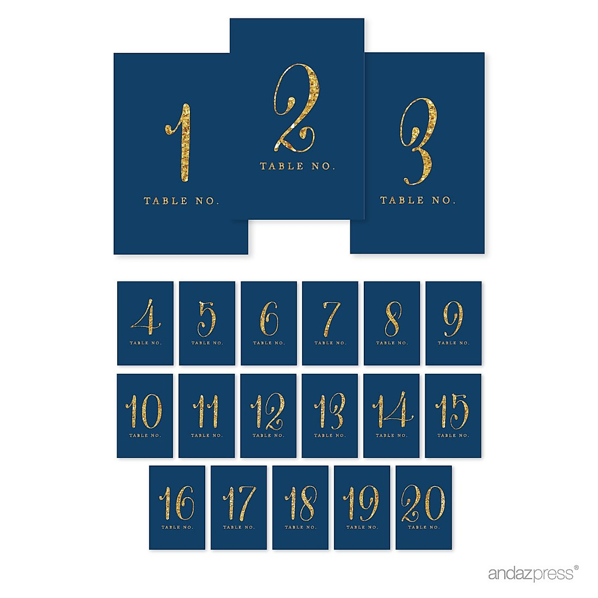 Andaz Press Table Numbers 1 - 20, Gold Glitter Print, 4X6-Inch Single-Sided Cardstock Sign, Navy Blue, 1-Set Navy Blue Table Numbers For Weddings Reception Cardstock Table Numbers Blue