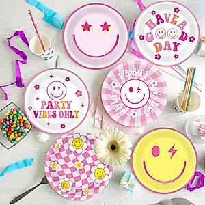 48PCS Preppy Party Supplies 7inch Pink Smile Face Paper Plates Preppy Smile Face Party Tableware Set Pink Preppy Plates for Baby Shower Birthday Y2k Party Decorations