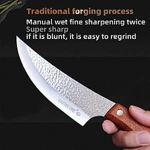GAINSCOME Handmade Stainless Steel Boning Knife Kitchen Forged Chinese Vegetable Knives Fishing Knife Meat Cleaver Outdoor Cutter Butcher Knife Sharp A-Viking Knife Camping BBQ (5 inch)