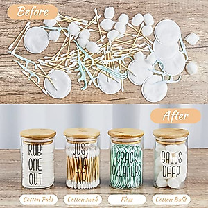 4 Pack Glass Apothecary Jars with Bamboo Lids, Qtip Holder Dispenser Bathroom Canisters Storage Organizer for Cotton Swabs, Pads, Balls and Dental Floss