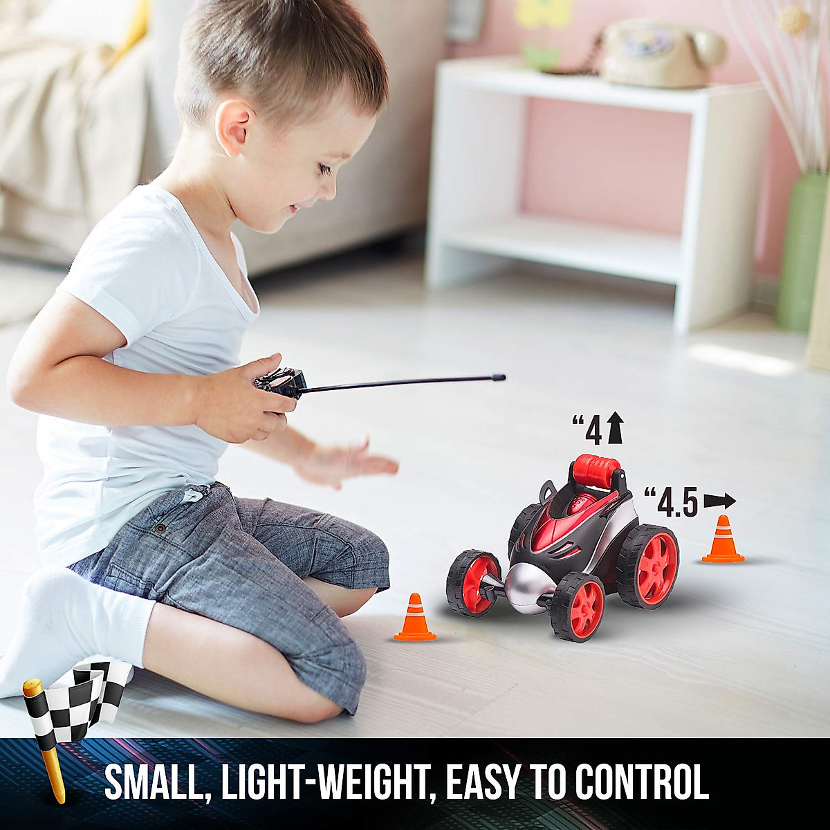 Atlasonix Remote Control Car for Boys - RC Cars for Kids, RC Stunt Car Toy | 4-Wheel Drive Car Spins and Flips | Indoor and Outdoor w/Bonus - 6 Traffic Cones | Remote Control Car for Boys 4-7