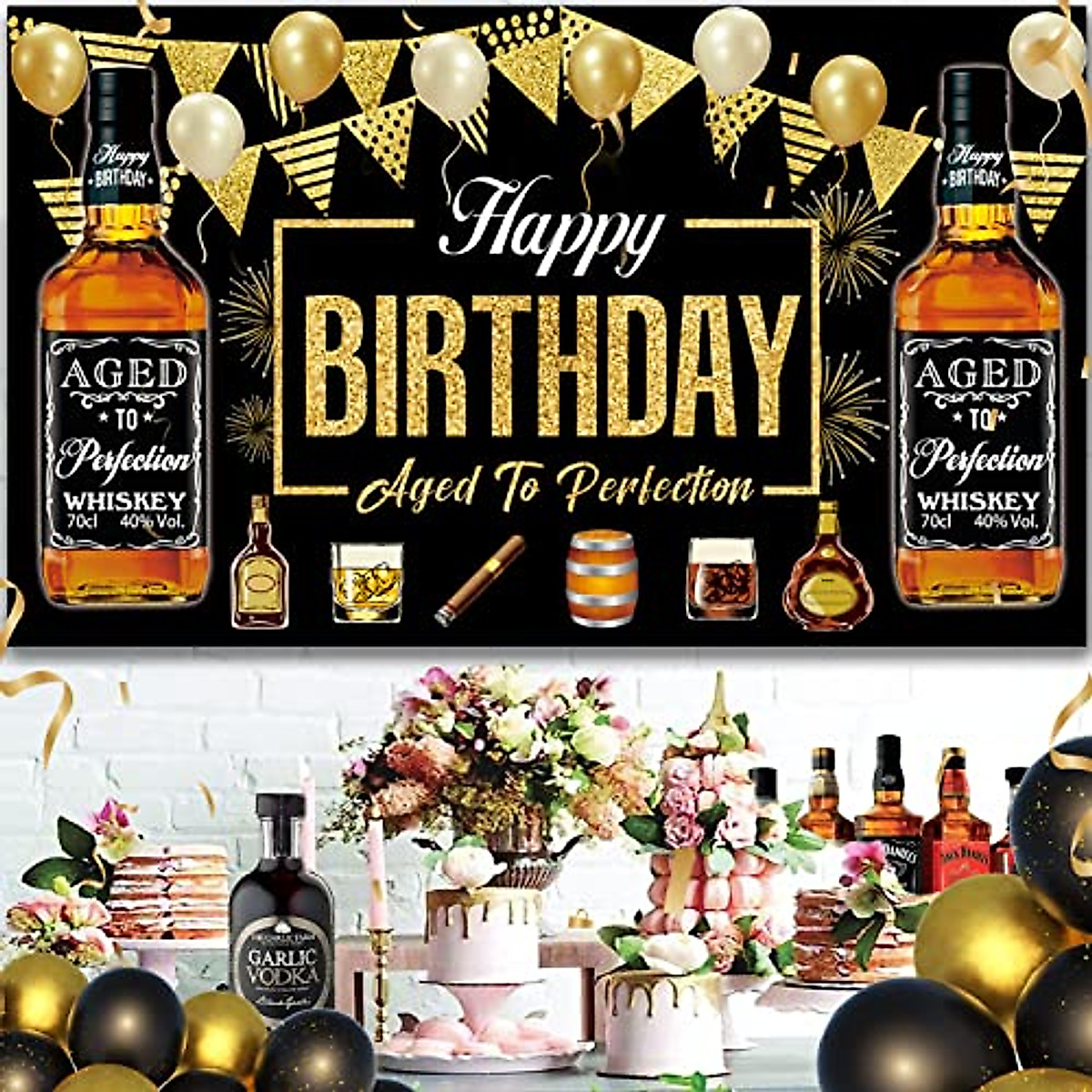 Whiskey Birthday Party Decorations for Men, Large Black Gold Aged to Perfection Birthday Poster Party Supplies, Whiskey Themed Cheer and Beer Themed Happy Birthday Banner Backdrop Photo Booth Props