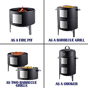 Realcook Vertical 17 Inch Steel Charcoal Smoker, Heavy Duty Round BBQ Grill for Outdoor Cooking, Black