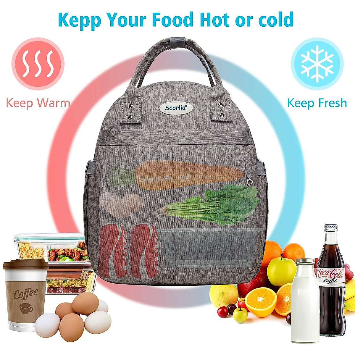 Scorlia Insulated Lunch Bag Cooler Backpack, Convertible Lunch Tote with Side pockets, Tall Reusable lunch Box Container with Drinks Holder for Work, Office, Beach, Picnic-Grey