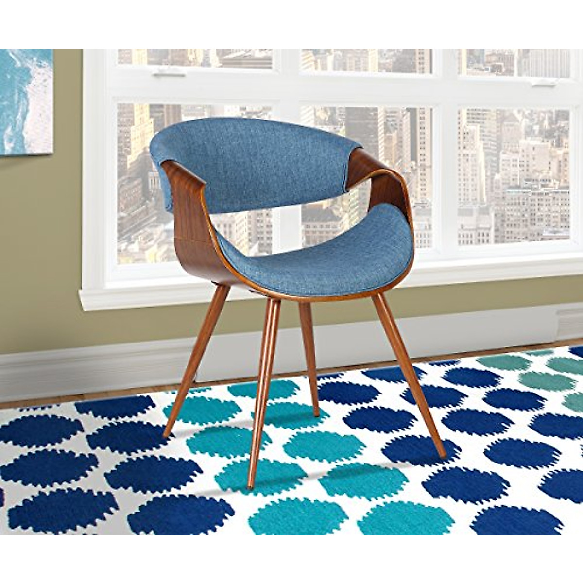 Armen Living Butterfly Mid Century Modern Upholstered Fabric Wood Dining Accent Chair for Kitchen Table Desk Vanity, 21D x 22W x 29H in, Blue/Walnut