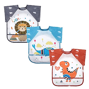 Accmor 3 Pack Short Sleeved Bibs/Waterproof Baby Bibs/Toddler Bibs/Smock, Washable Bibs for Baby Toddler 6-36 Months