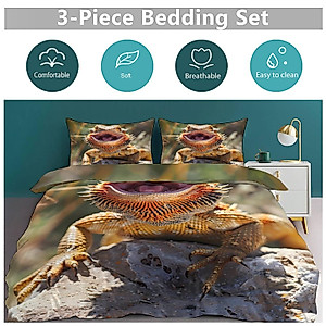 Cool Bearded Dragon Lizards Duvet Cover Set 3 Piece Comforter Cover Bedding Sets 1 Duvet Cover and 2 Pillow Shams 102"x90"