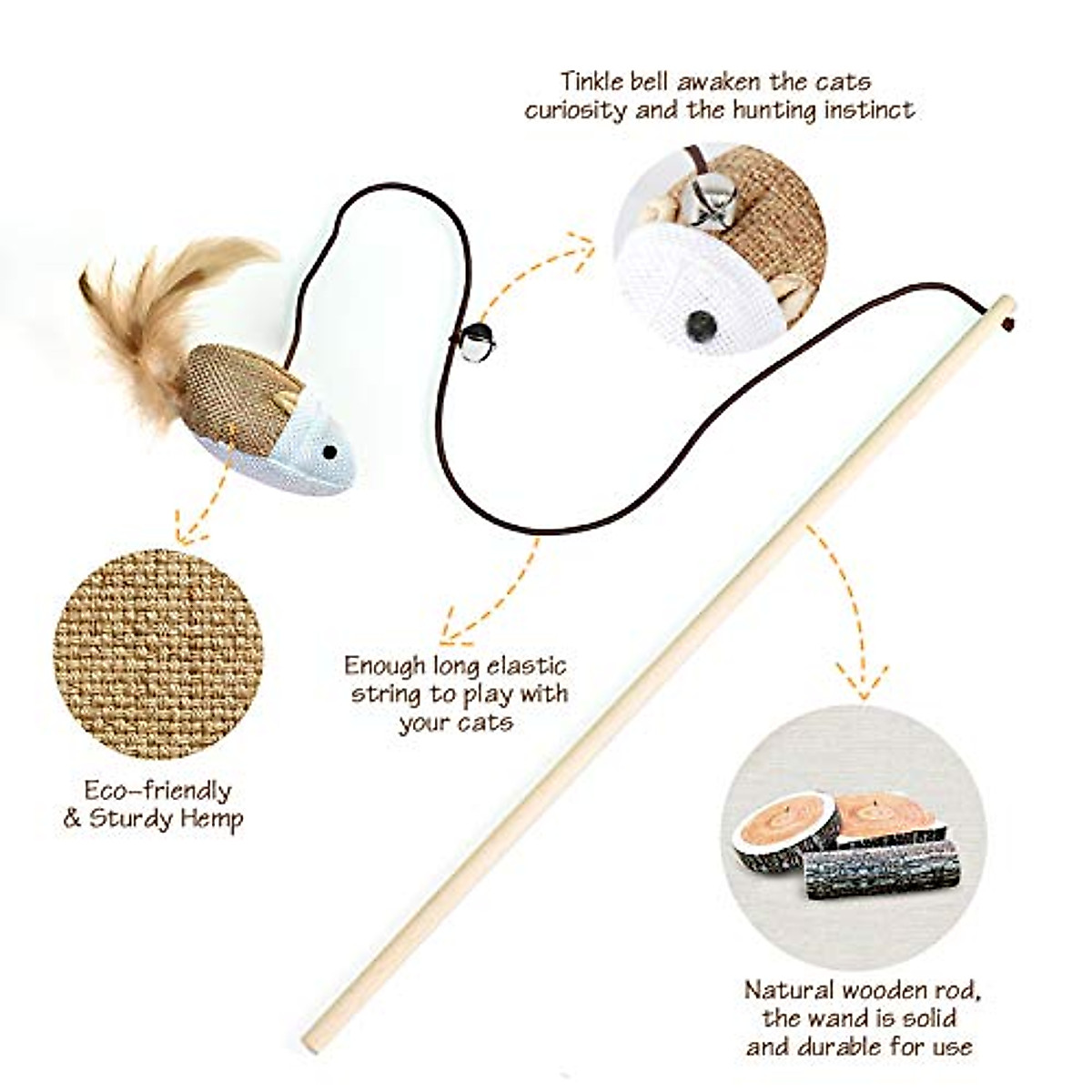 3 PCS Cat Wand Toys, 16 Inch Natural Wooden Cat Teaser Wand Toys with 5 PCS Silvervine Sticks for Cat, Interactive Cat Feather Wand Toy for Indoor Cats, Elastic String Cat Pole Toy with Bell, Feather