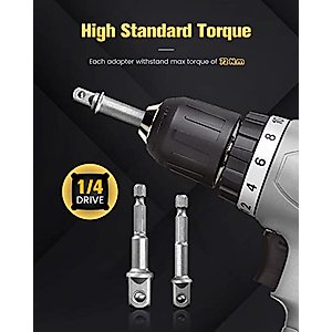 BOEN Impact Grade Socket Adapter Set, 6-PCS Drill Bit Adapter with Bit Holder, Sizes 1/4", 3/8", 1/2", 1/4-Inch SAE Hex Shank, Cr-V, for Cordless Drill & Screwdriver, Power Drill & Driver