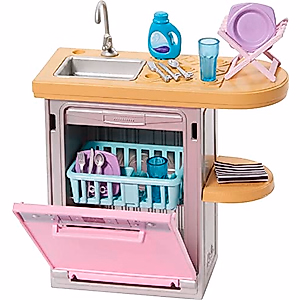 Barbie Furniture and Accessories, Doll House Decor Set with Dishwasher Theme, Kitchen Add-On with Counter Sink