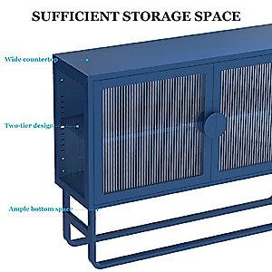 Double Glass Door Storage Cabinet, Retro Style Sideboard Buffet Cabinet with U-Shaped Leg Cold-Rolled Steel Cupboard Console Table with Adjustable Shelf for Living Room Dining Room Kitchen, Blue
