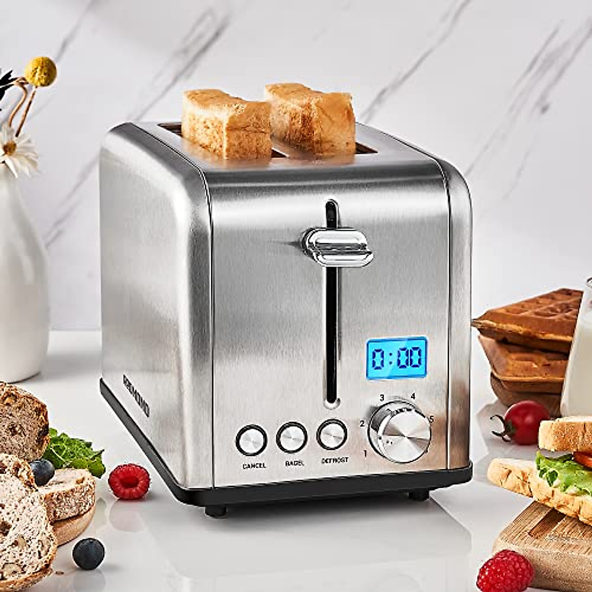 Toaster 2 Slice, REDMOND Stainless Steel Toaster with LED Countdown Timer Display, 1.5" Wide Slot Compact Toaster with Bagel/Defrost/Cancel Function, 6 Shade Control, Removable Crumb Tray, Silver