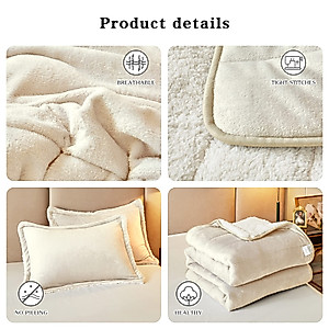 3-Layer Luxury Flannel Fleece Thick Bed Blanket Twin Size for Girls, Soft Plush Velvet Sherpa Blanket with 2 Pillow Shams Heavy Warm for Winter, Breathable n Washable, Cream White