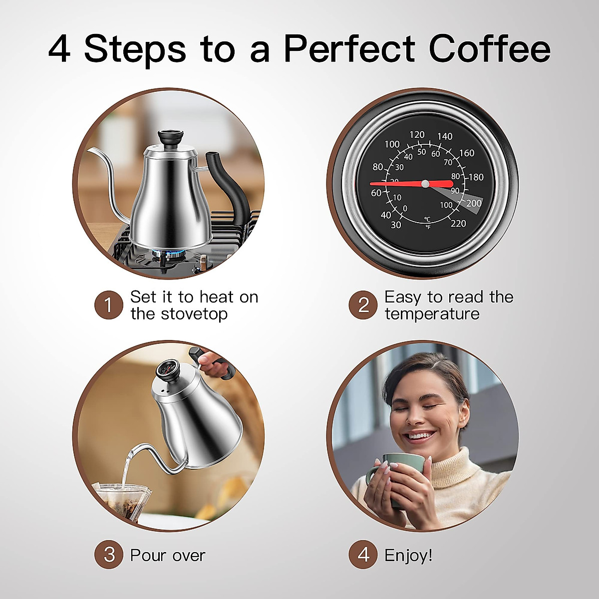 Meelio Pour Over Coffee Kettle 1.2 Liter 40 oz Tea Kettle with Thermometer for Stove Top Gooseneck Kettle, Stainless Steel Tea Pot Stovetop Teapot for Drip Coffee, Tea