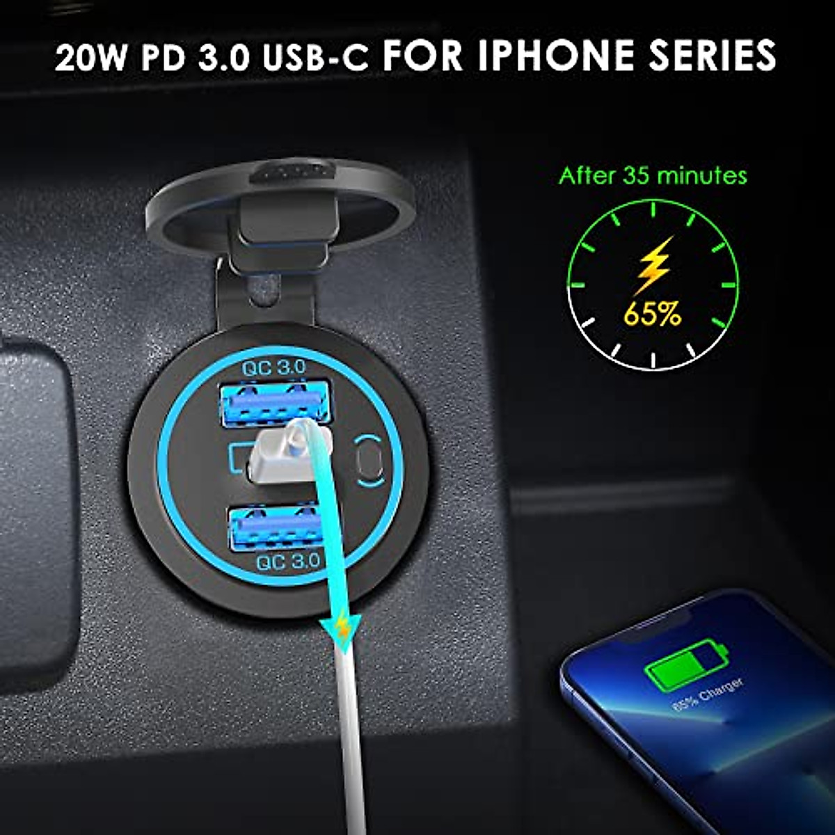 Newest 12V USB Outlet Ouffun 56W 12V USB C Car Charger Socket 20W PD USB-C & Dual 18W QC3.0 Car USB Port 12V Socket with Power Switch Waterproof DIY Outlet for Car Boat RV Marine Motorcycle Golf Cart