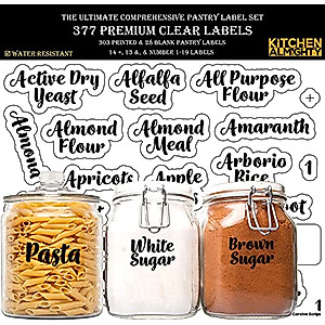Pantry Labels: 377 Bold Cursive Gloss Clear Preprinted Water Resistant Complete Label Set to Organize Storage Containers, Jars & Canisters w/ a Extra Write-on Sticker
