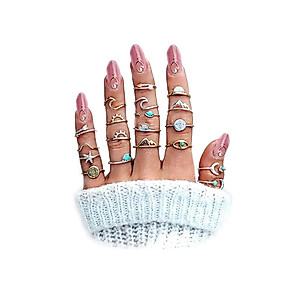 YOOESTORES82 Boho Stackable Ring Set for Women.Turquoise Star Moon Knuckle Rings Midi Finger Rings Set Retro Wave Peak Sea Stacking Joint Ring Sets