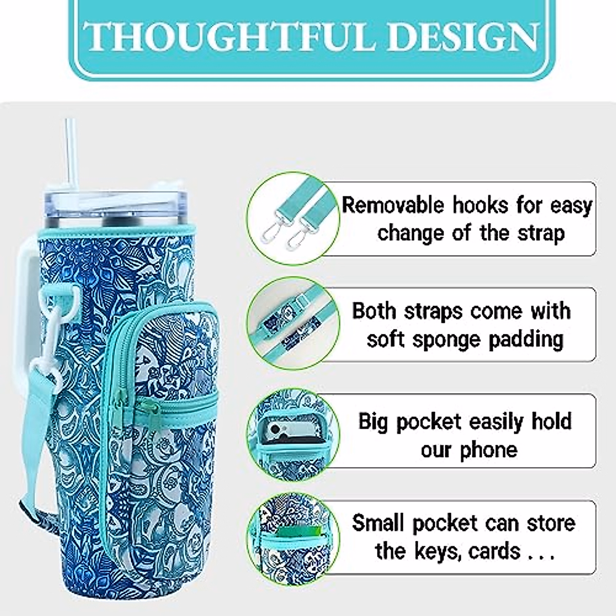 Water Bottle Holder with 2 Straps and 2 Pockets for Stanley Tumbler 40oz, Water Bottle Carrier Bag Sling with Adjustable Shoulder and Hand Strap for Hiking, Walking Camping Travelling