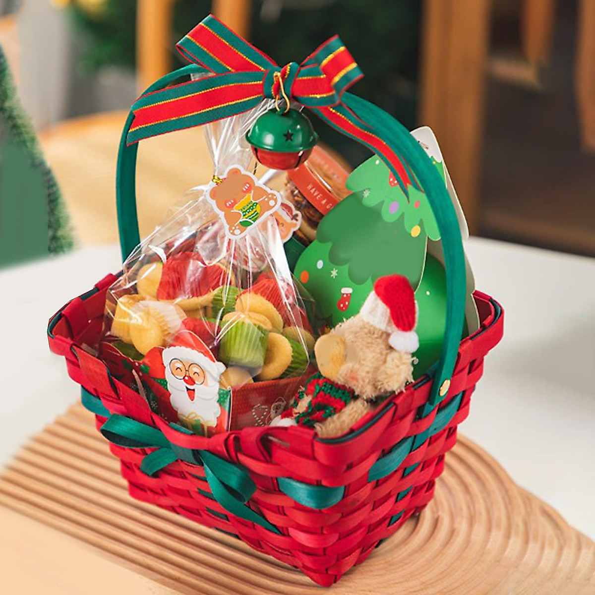 Christmas Baskets for Gifts Empty Hand-Woven Rectangle Red & Green Storage Baskets with Handle & Bow, Small Xmas Tote Basket for Holiday Decorative Present Wrapping (Red)