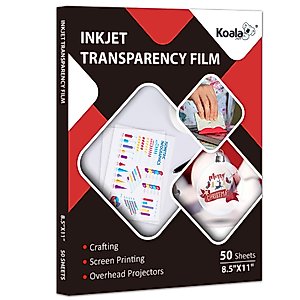 Koala Inkjet Transparency Film 50 Sheets 100% Clear Transparency Paper for Inkjet Printers, for Crafting, Overhead Projector, Screen Printing - 8.5x11 Inches