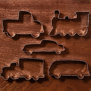 LILIAO Transportation Cookie Cutter Set - 5 Piece - Train, Truck, Pick-up Truck, Beat-up Car and Bus Fondant Cutters - Stainless Steel