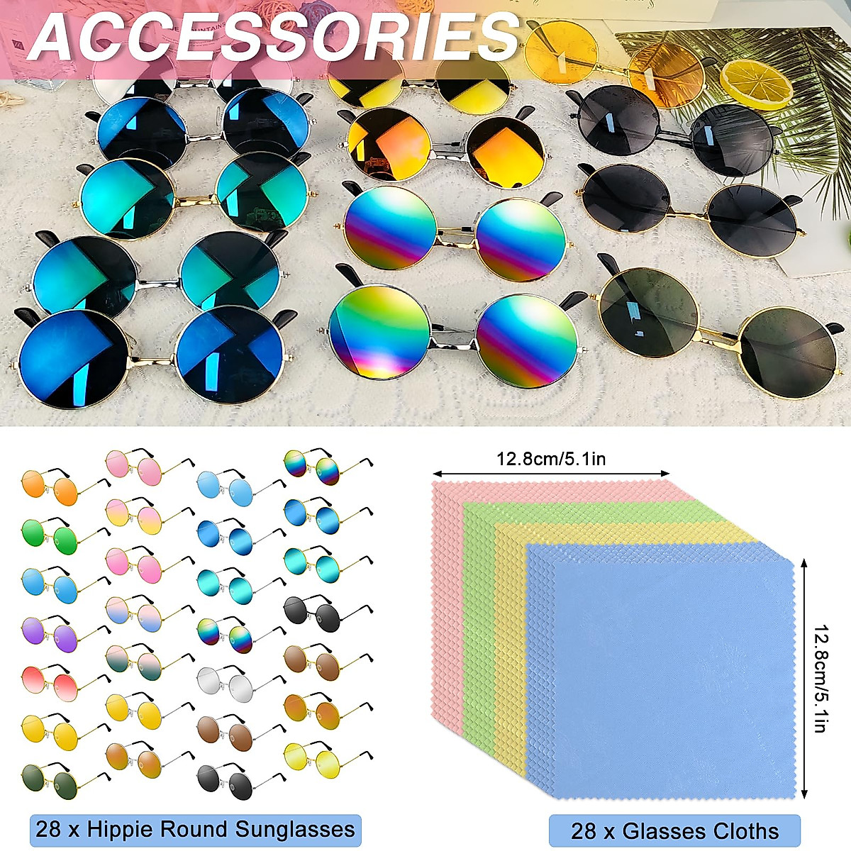 BOUBONI 28 Pairs Hippie Sunglasses 28 Colors Round Hippie Glasses 60s 70s Outfits Groovy Party Decorations Sunglasses for Women Men with Colored Glasses Cloth for Disco Party Favors