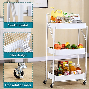 JforSJizT 3-Tier Collapsible Rolling Utility Cart with Lockable Wheels,Metal Storage Folding Rolling Cart with Storage Compartments,Tool Organizer Cart for Classroom, Office, Bathroom, Garage, Kitchen