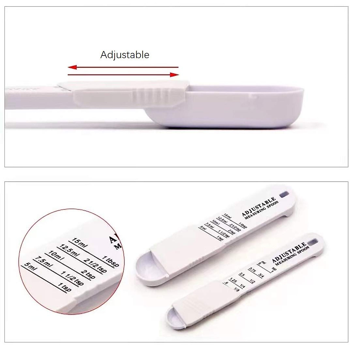 Zsirue 2 PCS Adjustable Measuring Spoon Set, Measuring Dry/Liquid Ingredients, Metering Spoon for Baking, Cooking, Powder (White)