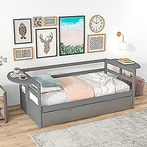SOFTSEA Twin Daybed with Foldable Shelves, Wood Day Bed Frame with Trundle (Gray)