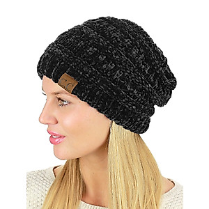 C.C Women's Chenille Soft Warm Thick Knit Beanie Cap Hat-Black