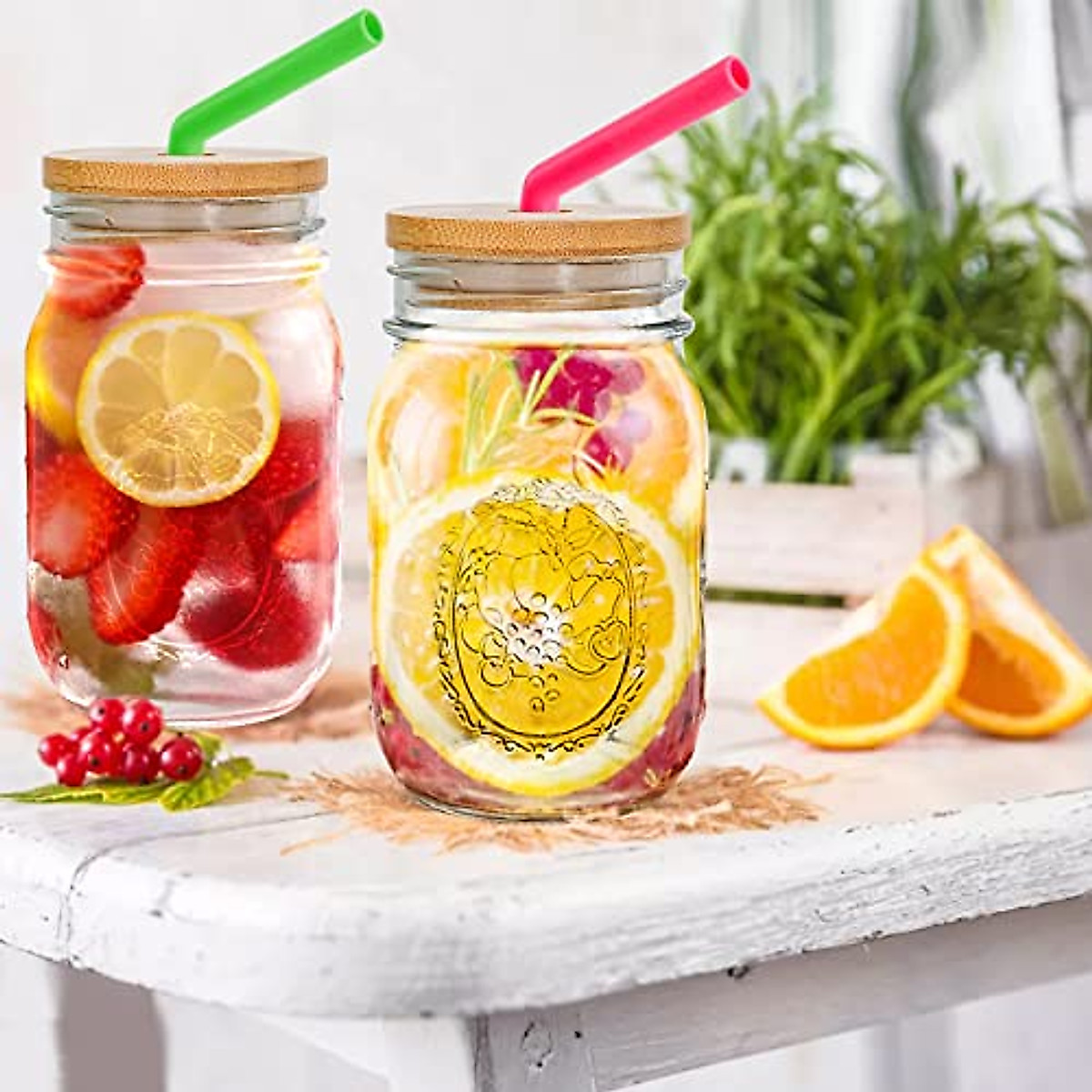 Nicunom 4 Pack Mason Jar Cups with Bamboo Lids, 16OZ Wide Mouth Smoothie Cups Mason Jar Drinking Glass Cups with Straw, Travel Tumbler for Bubble Tea, Smoothie, Juice, Iced Coffee