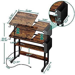 YITAHOME Height Adjustable Table with Charging Station, Portable Desk with Wheels, Small Standing Rolling Computer Desk with Tiltable Tabletop and Storage Bag, Brown