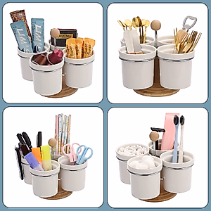 JUXYES Set of 4 Ceramic Rotating Silverware Holder For Party, White Cutlery Holder Holder With Rotating Base, Small Flatware Organizer Rotating Utensil Holder Organizer for Kitchen Dining Tables