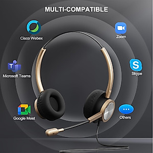 USB Type C Headphones with Noise Canceling Microphone, USB-C Headset with Mic for PC, Laptop, Lightweight Gold Headset for Call Center Office Laptop, Skype, Zoom, Webinar, Google Meet, WeBex