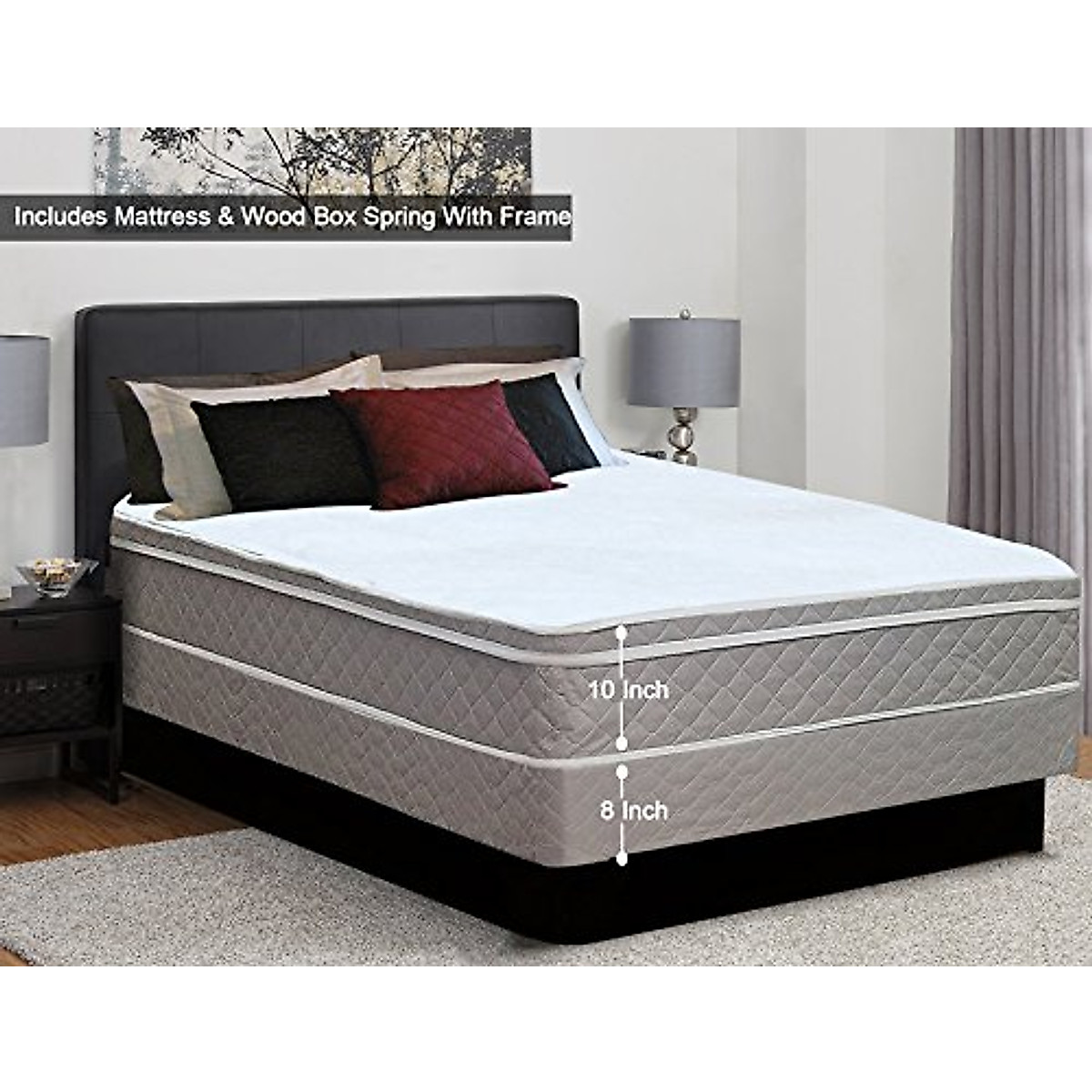 Mattress Comfort Medium Plush Eurotop Pillowtop Innerspring Mattress and 8" Wood Boxspring/Foundation Set, with Frame, Full, Size