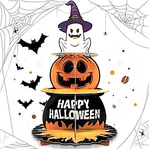 HIENAJ Halloween 3 Tier Cupcake Stand,Halloween cute Ghost Cupcake Holder Tower,Halloween Pumpkin Orange Cardboard Cake Dessert Stand,Birthday Party Supplies Halloween Carnival Decoration (Great size