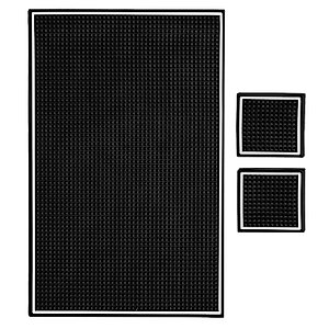 S&T INC. Rubber Bar Mat for Countertop, Non-Slip Bar Mat for Home Bar Cart, Coffee Maker Mat for Countertops, 11.9 Inch x 17.8 Inch, Black with White Border, 1 Bar Mat with 2 Coasters