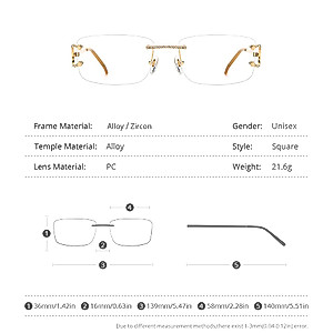 HEPIDEM Vintage Style Rectangular Rimless Metal Eyeglasses for Men Frameless Zircon Diamonds Glasses Frame (50254 Silver)