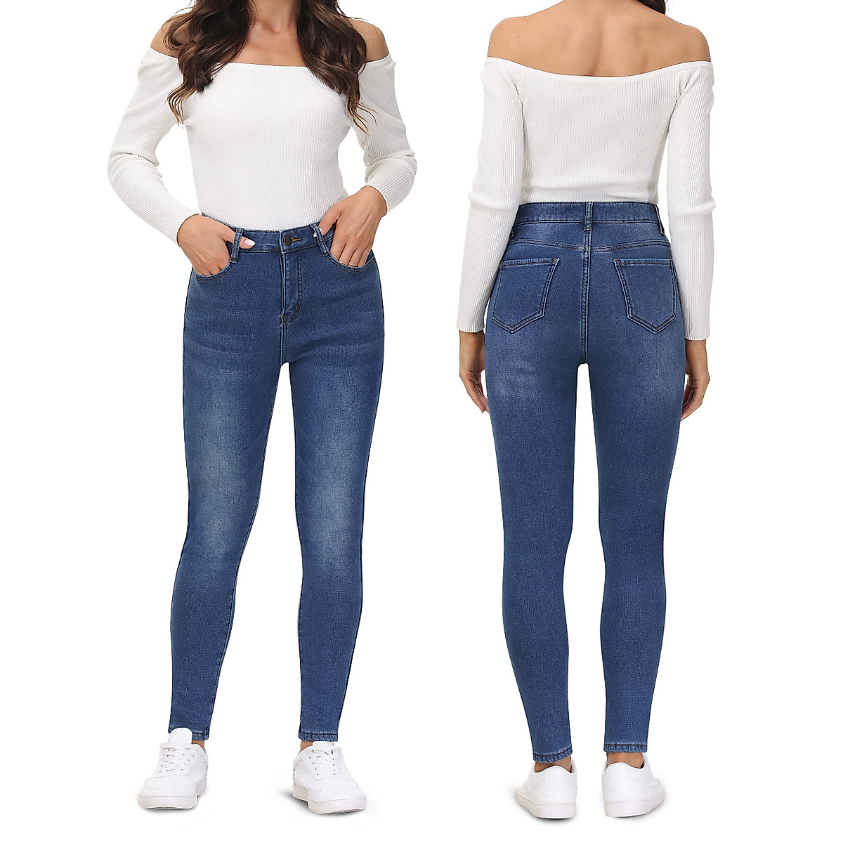 AMRSPENG Women's Fleece Lined Jeans Winter Flannel Lined Pants Thicken Stretch Warm Thermal Skinny Jeans,Dark Blue, Size 12