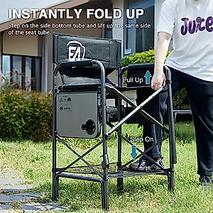 EVER ADVANCED 30.7" Seat Height Directors Chair Folding Bar Stool Tall Foldable Chair for Makeup Artist with Side Table Cup Holder Easy Get in Out for Elderly Camping Chair Supports 350LBS(Black)