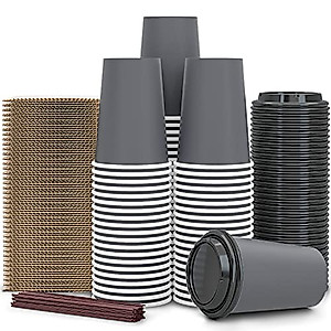 SPRINGPACK Disposable Coffee Cups To Go with Lids Sleeves and Straws 100% Biodegradable & Compostable Pla Eco Friendly Paper Coffee Cups 100 Sets of 12 oz for Tea Coffee Hot Chocolate