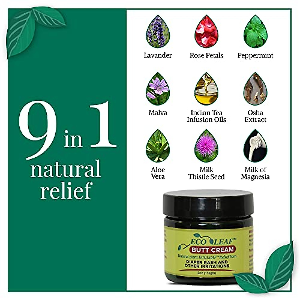 ECOLEAF Butt Cream Symptomatic Rash Relief | Made in the USA with Organic Plant Extracts & Oils | Great for Diaper Rashes, Chafing, Burns, Cuts, Itching | Designed for Babies, Kids, Adults, Athletes